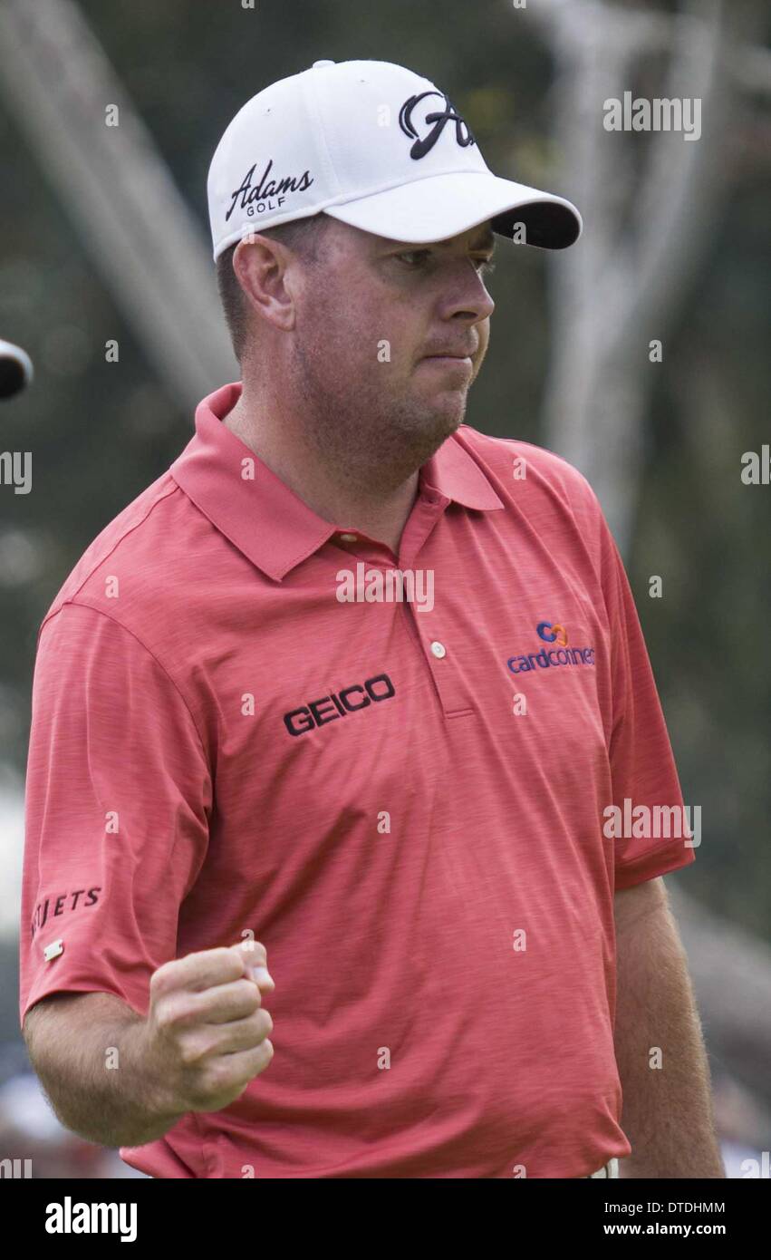Los Angeles, California, USA. 15th Feb, 2014. Robert Garrigus reacts to ...