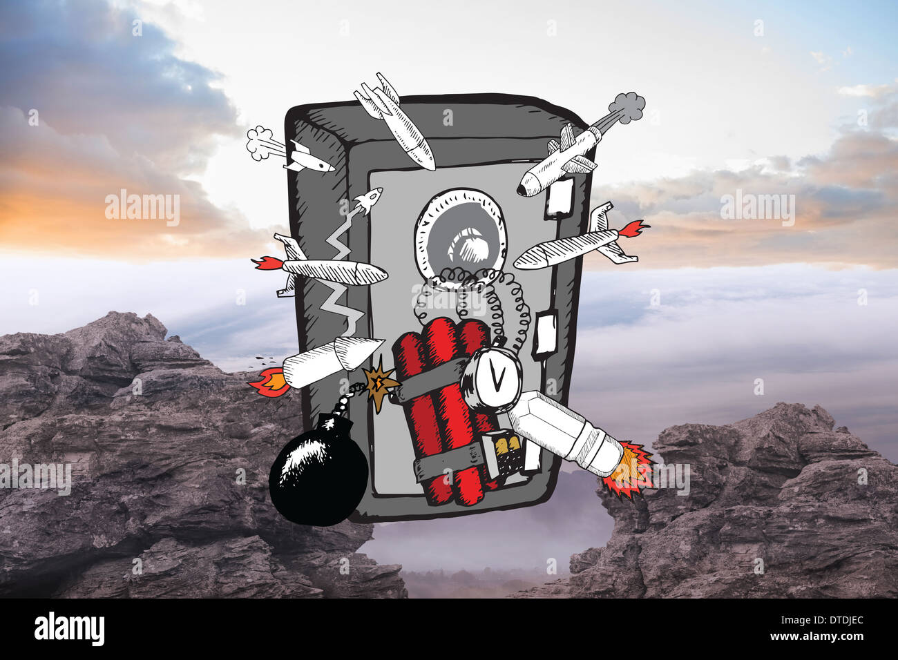 Composite image of explosives attacking safe doodle Stock Photo - Alamy