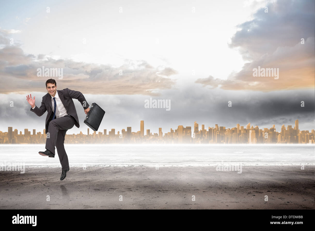 Composite image of happy businessman in a hury Stock Photo - Alamy