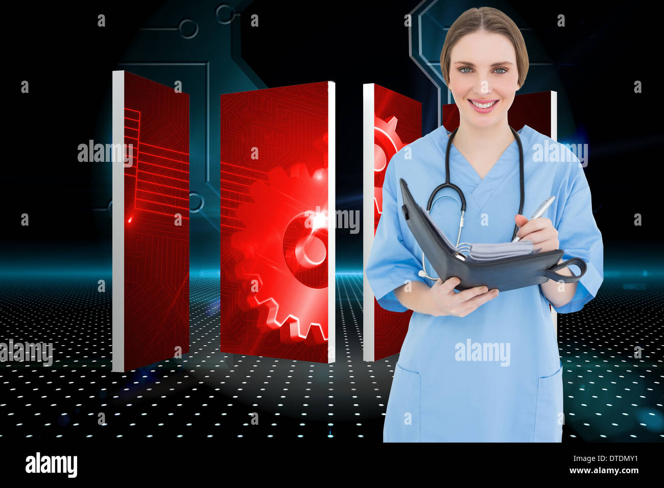 Composite image of female doctor writing into file Stock Photo - Alamy