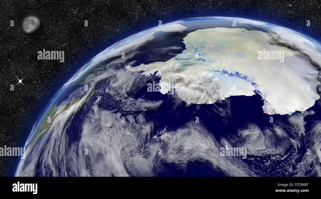 Antarctica on planet Earth from space with Moon and stars in the ...