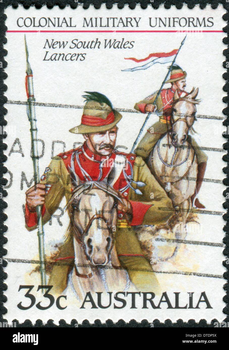 Postage stamp printed in Australia shows the Colonial military uniforms ...