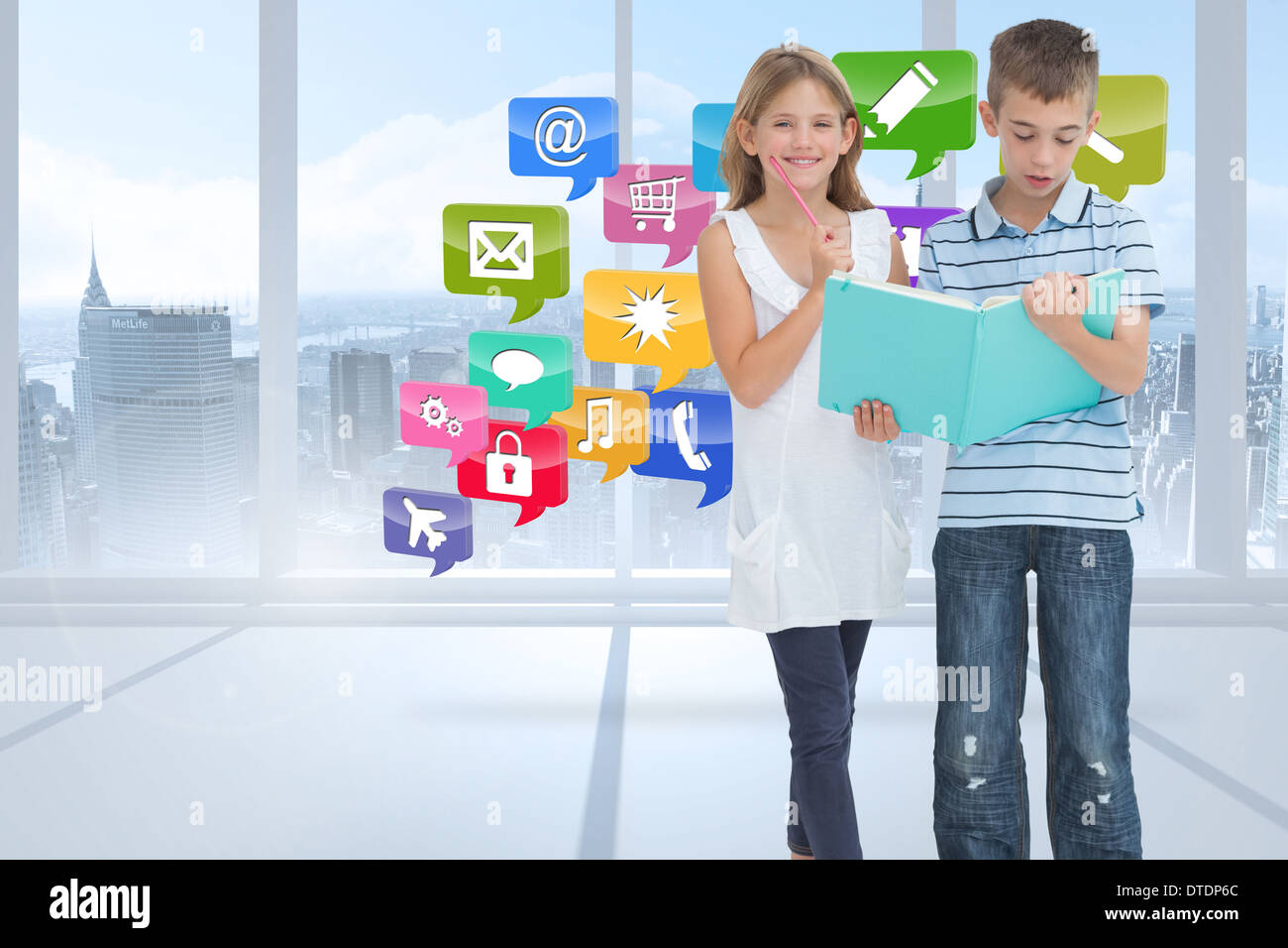 Composite image of brother and sister learning their lesson together ...