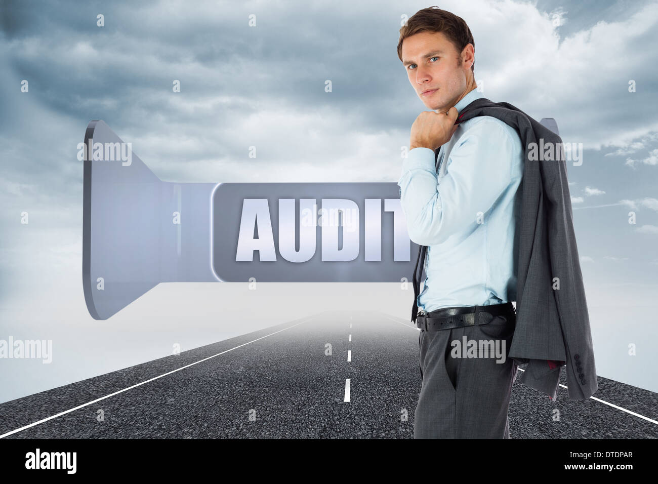 The word leading and businessman holding his jacket against green pixel ...
