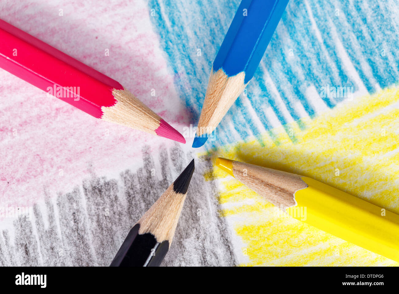 CMYK, colored pencils on paper inflicted colored trail Stock Photo - Alamy