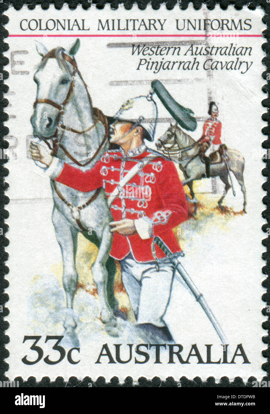 Postage stamp printed in Australia shows the Colonial military uniforms ...