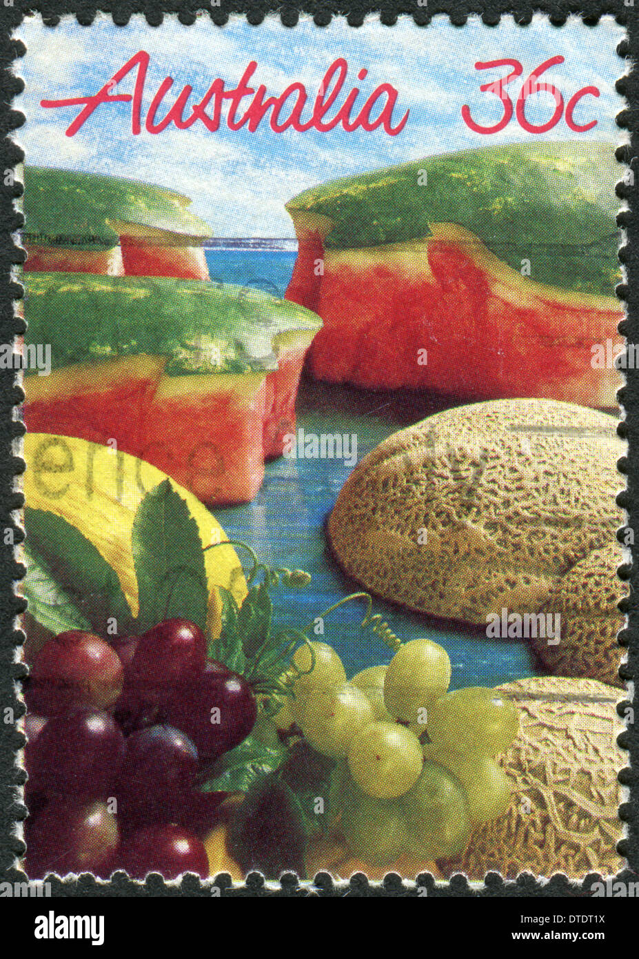 Postage stamp printed in Australia, shows a variety of fruits in the ...
