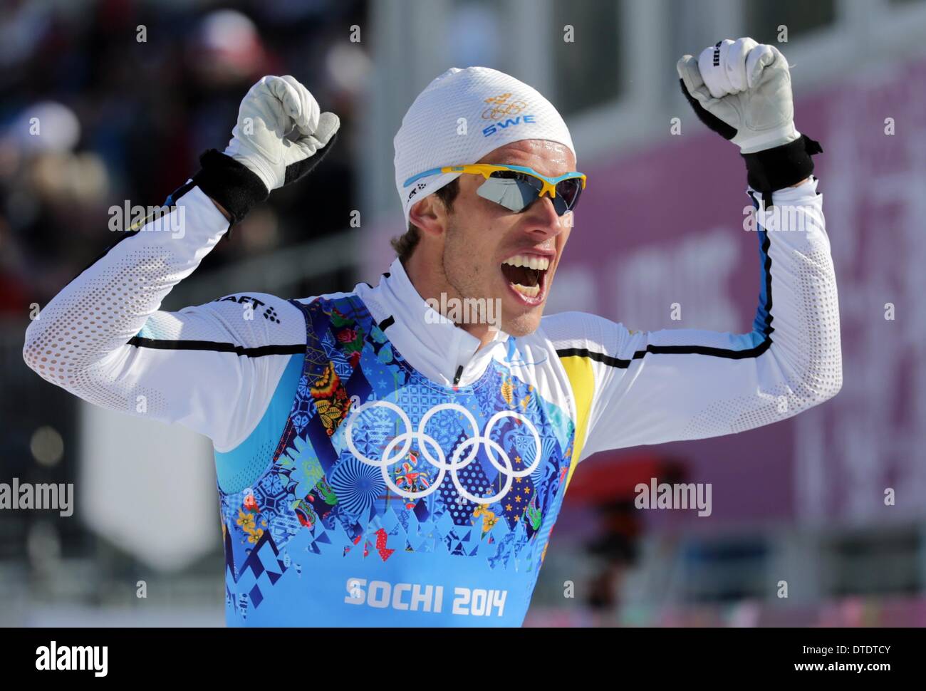 Marcus Hellner of Sweden celebrates after the Men?s Relay 4x10 km ...