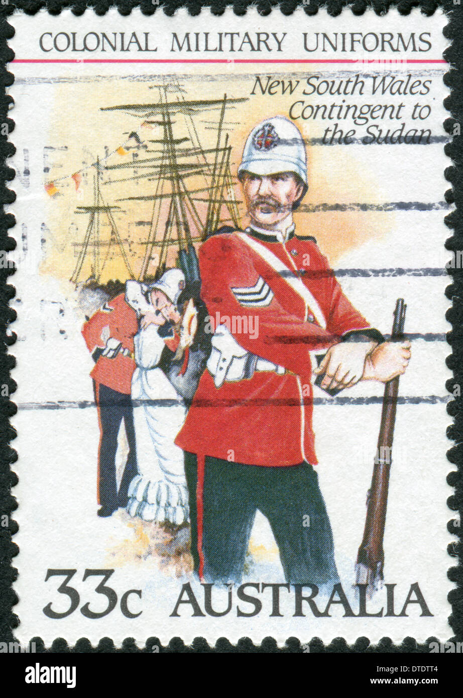 Postage stamp printed in Australia shows the Colonial military uniforms ...