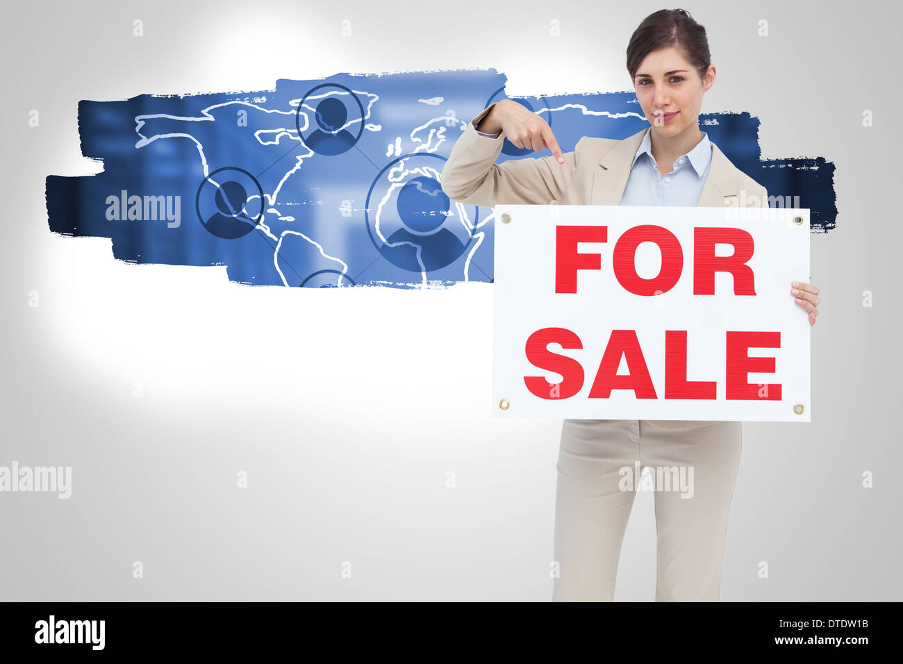Composite image of estate agent holding and pointing to for sale sign ...