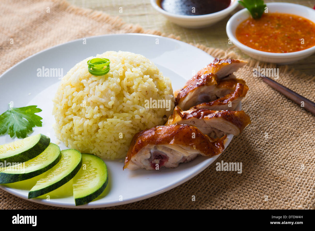 chicken rice. Asian style hainan chicken rice closeup Stock Photo - Alamy
