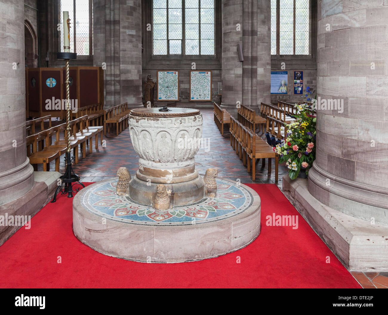 Stone baptismal font at Hereford Cathedral, Hereford, UK Stock Photo ...