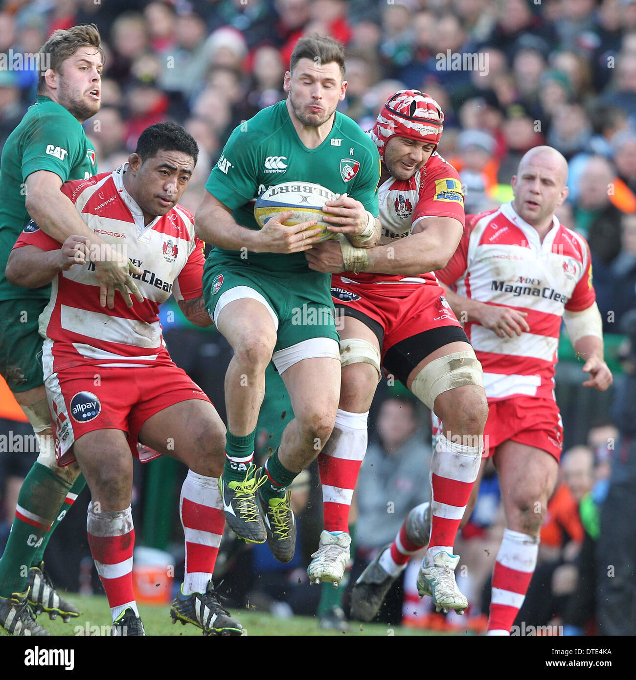 Leicester, UK. 16th Feb, 2014. Leicesters Adam Thompstone goes airborne ...