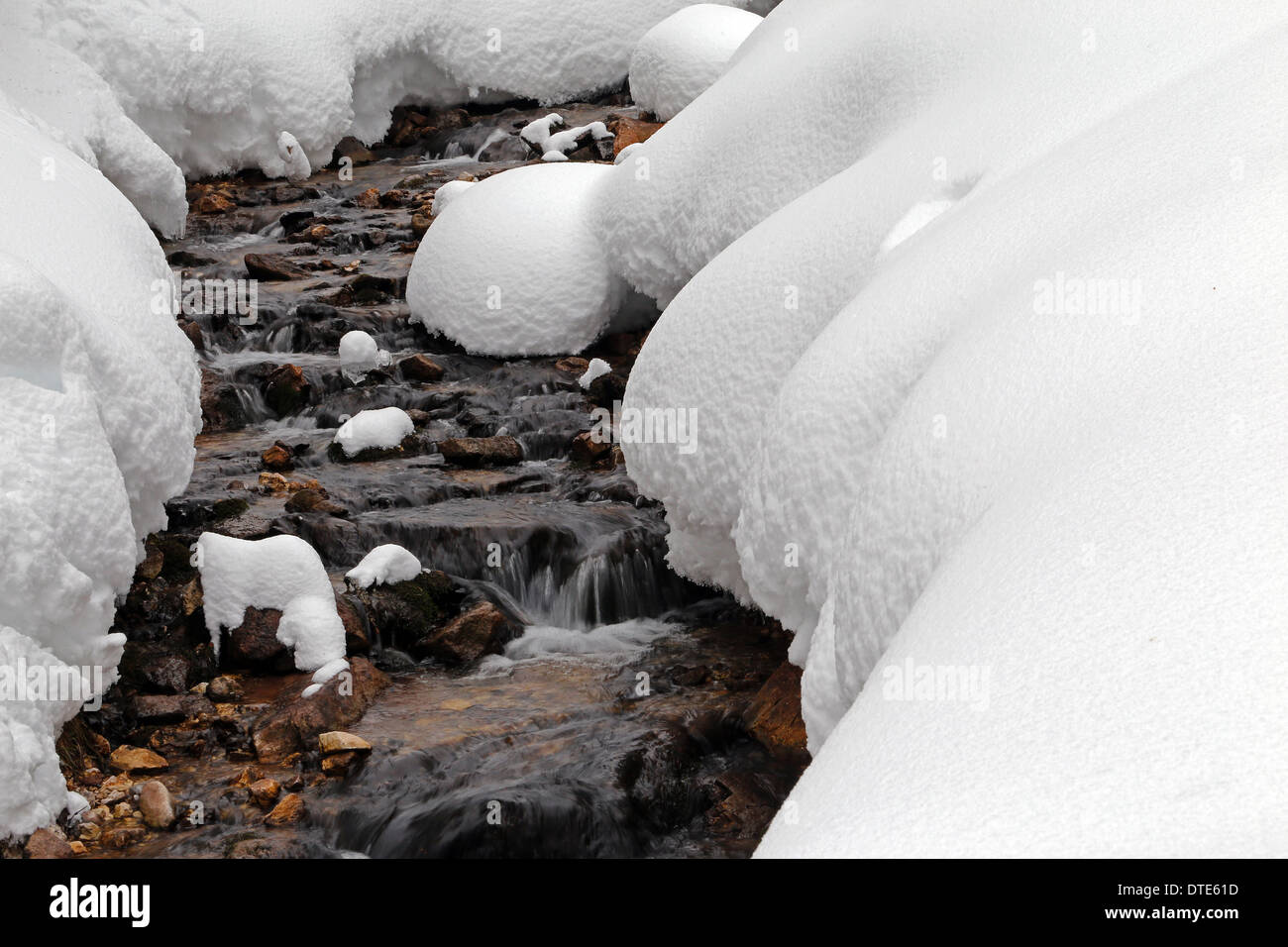 Torrent in winter season. The Dolomites of the Funes valley, region ...