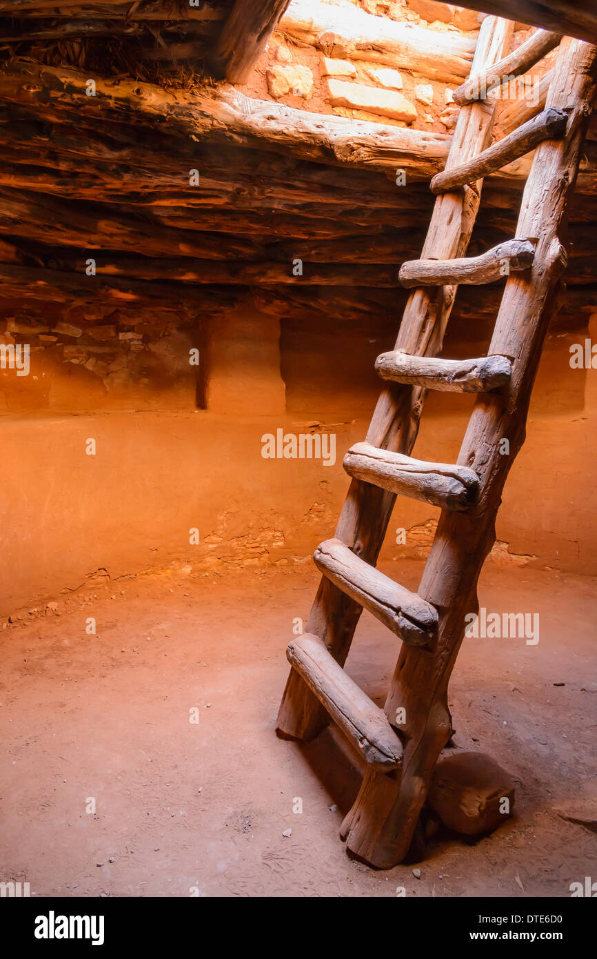Inside a restored Indian Kiva, Pueblo Ruins, Edge of the Cedars State ...