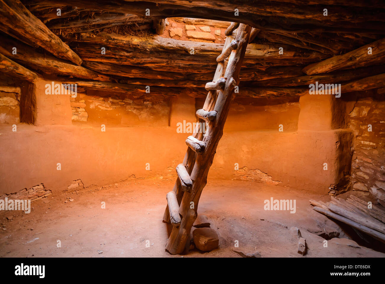Inside a restored Indian Kiva, Pueblo Ruins, Edge of the Cedars State ...