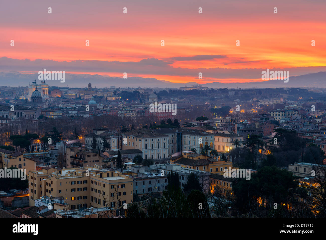 Rome at sunrise in a cloudy day showing several famous monuments Stock ...