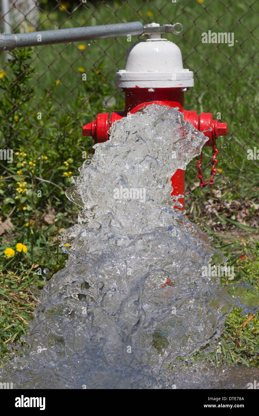 A damaged fire hydrant spraying water at the city street municipal ...
