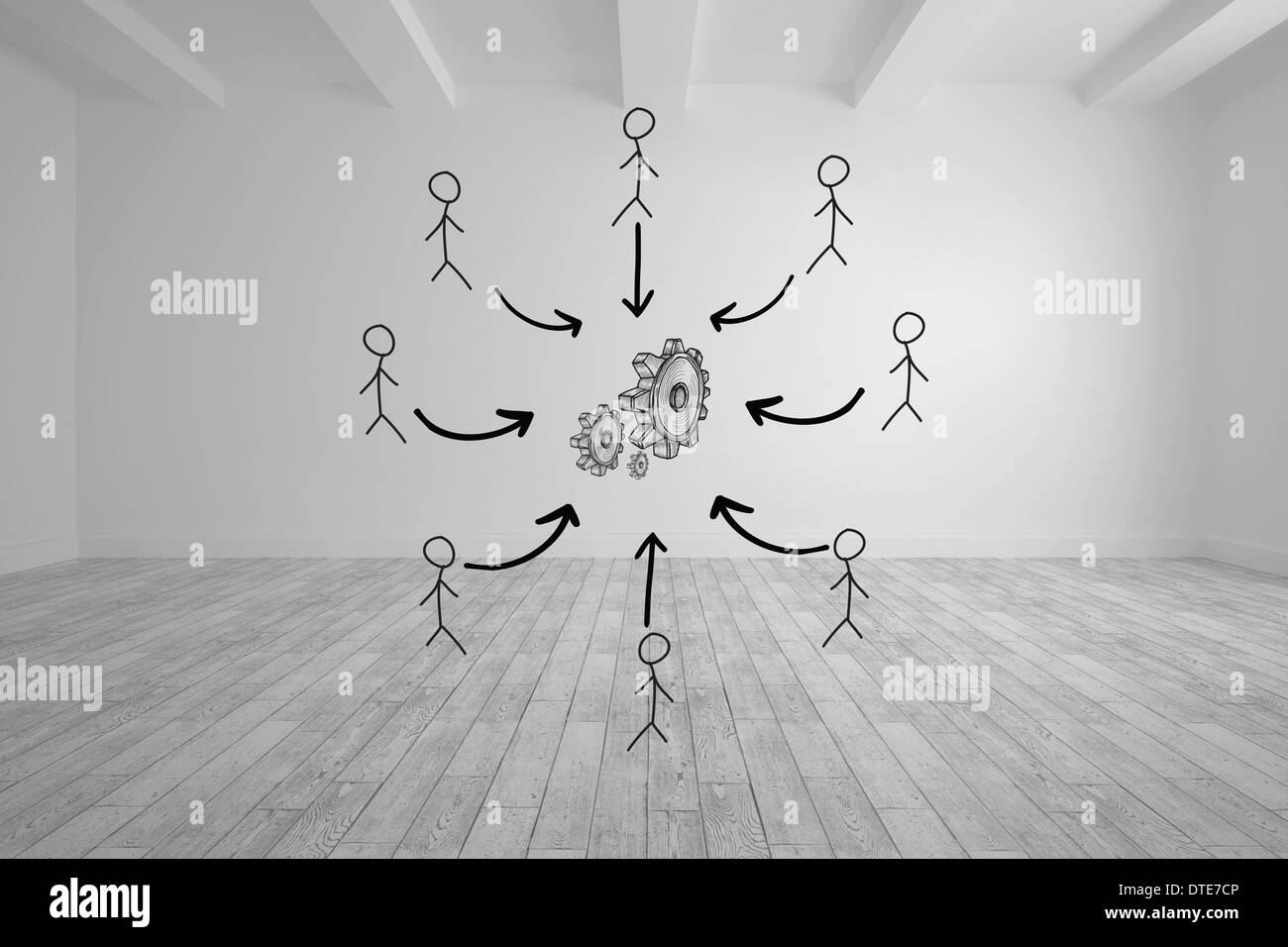 Composite image of cog and wheel doodle with stick figures Stock Photo ...