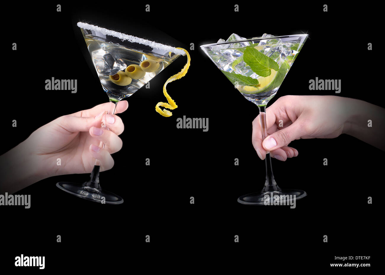 Cocktail martini and mojito on a black party background Stock Photo - Alamy