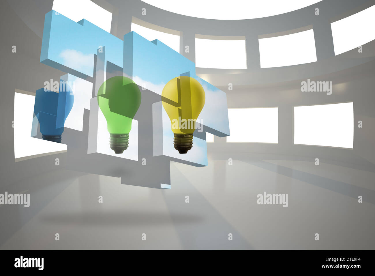 Light bulbs on abstract screen against shiny blue binary code on black ...