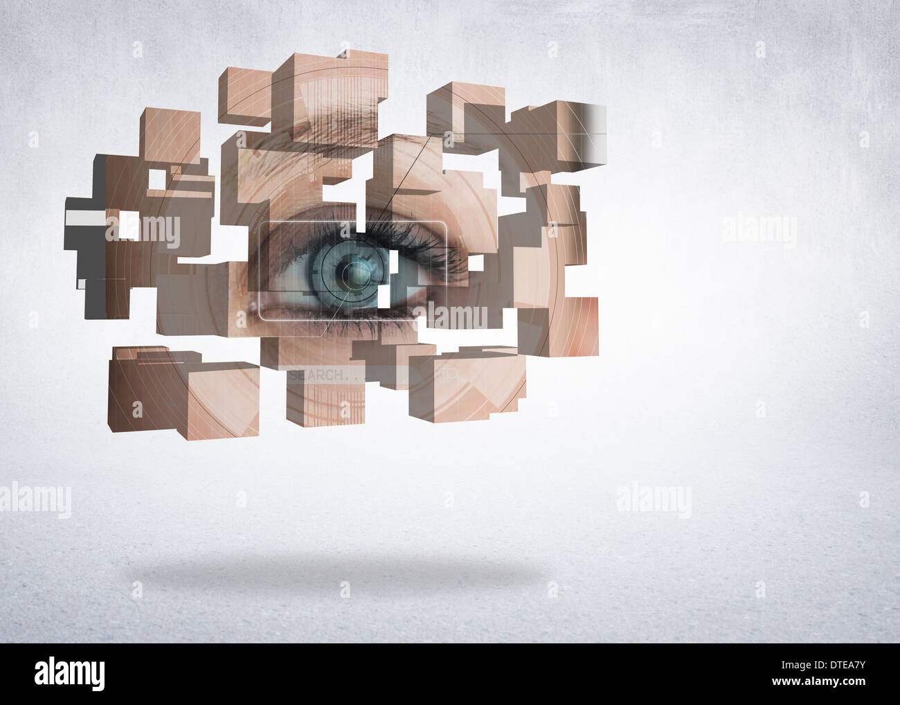 Eye analysis on abstract screen against dark room with opening doors ...