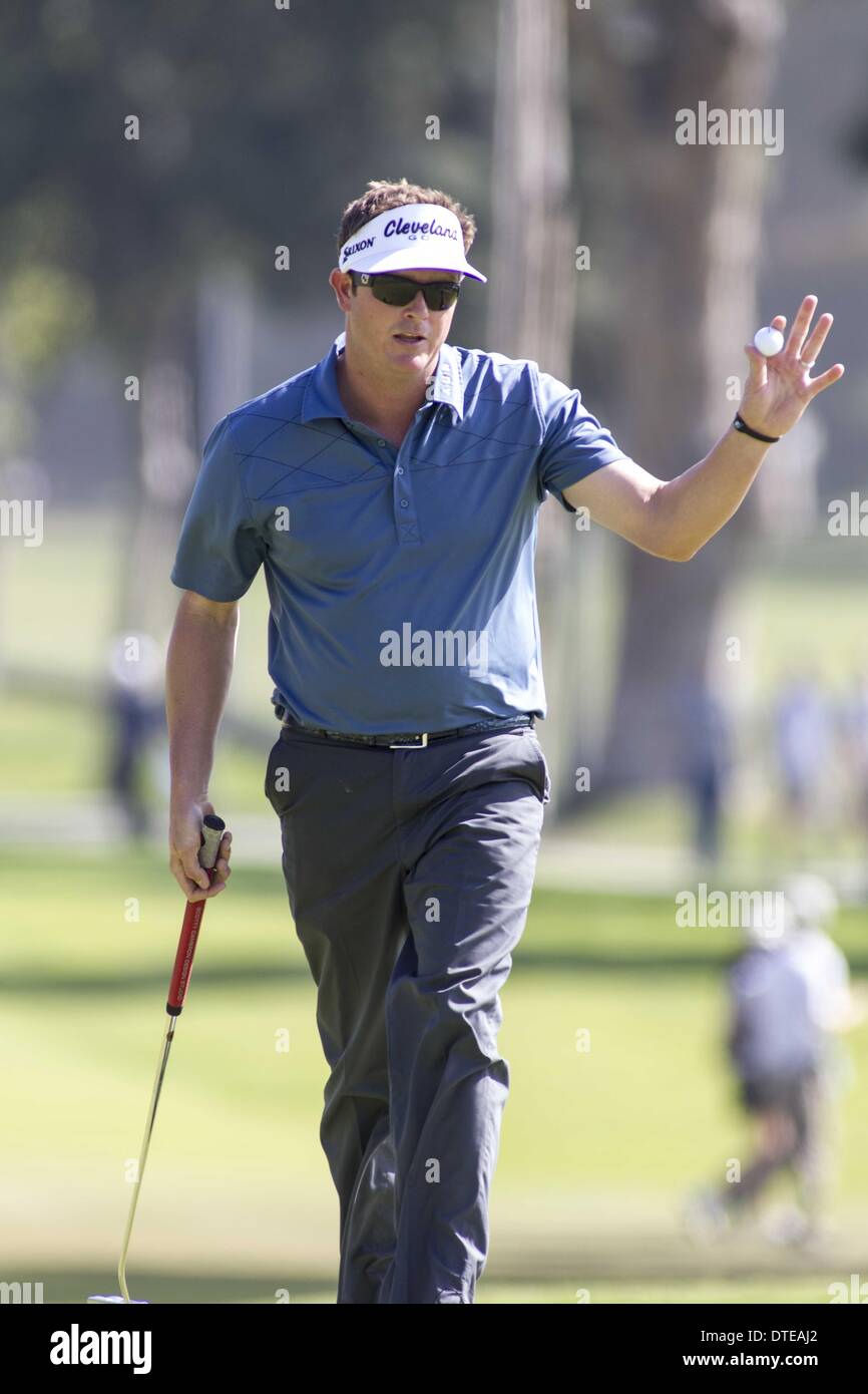 Los Angeles, California, USA. 16th Feb, 2014. George McNeill waves ...