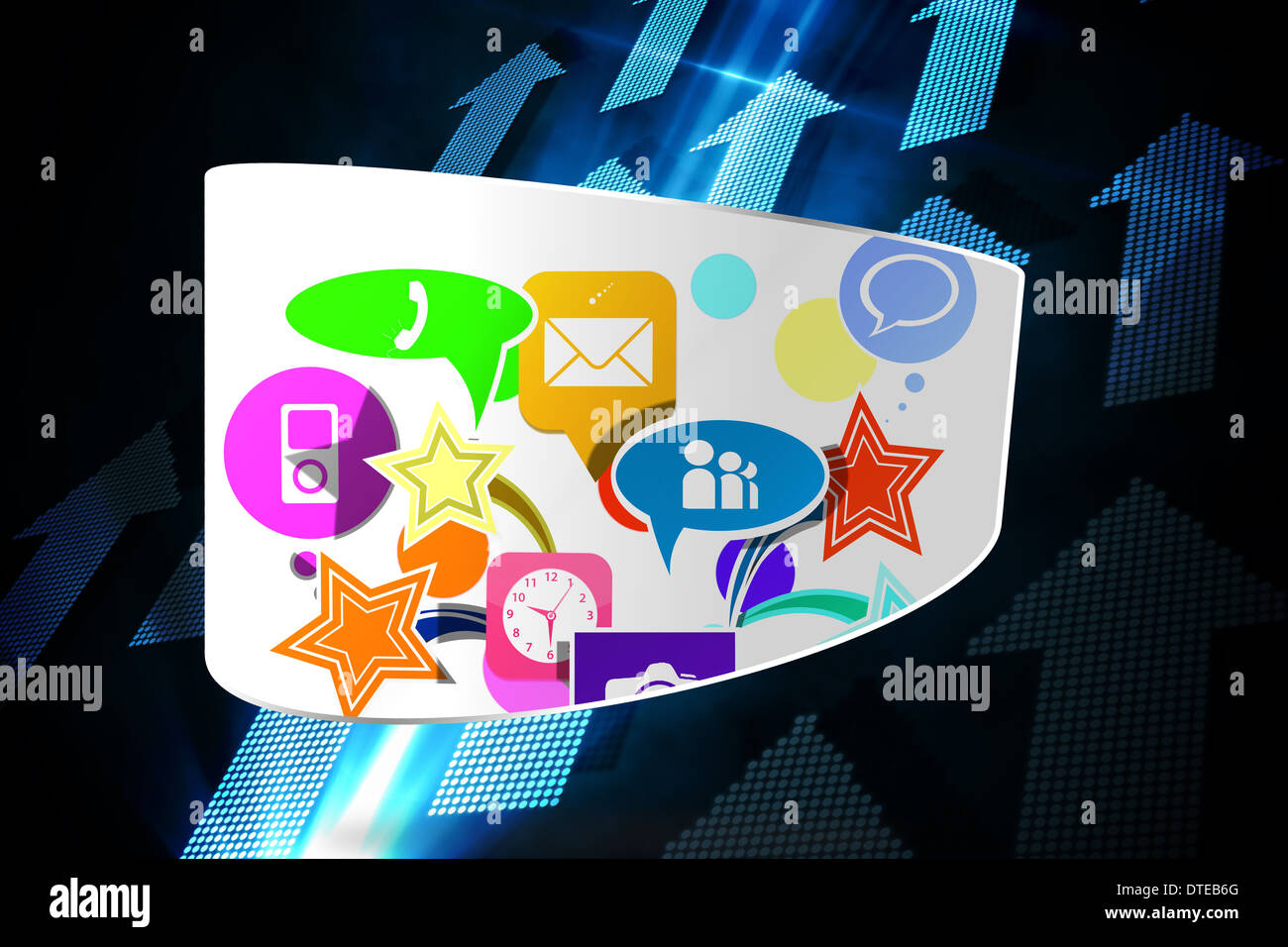 Colourful apps on abstract screen against bright green room with ...