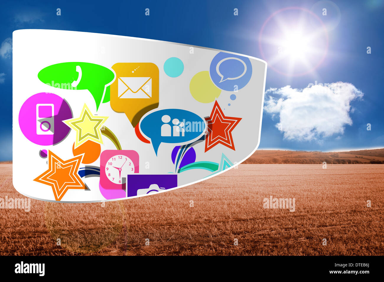 Colourful apps on abstract screen against bright green room with ...