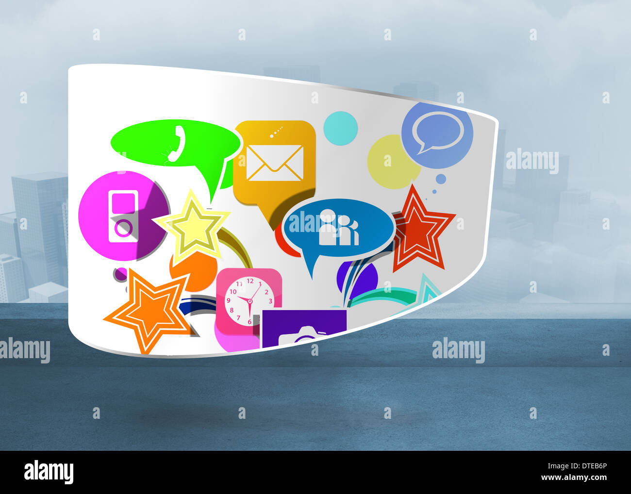 Colourful apps on abstract screen against bright green room with ...