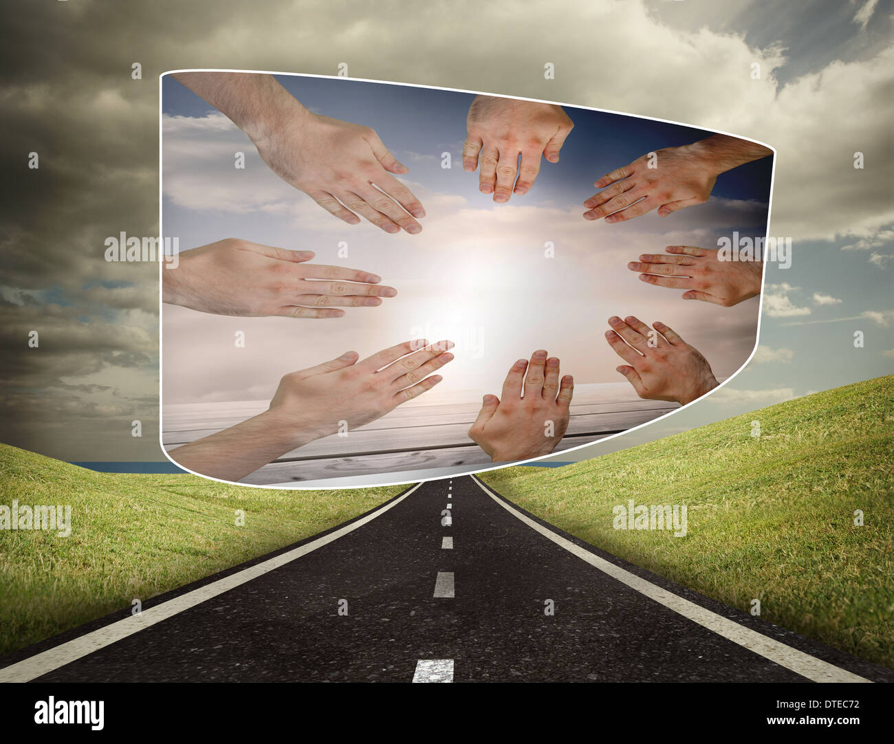 Composite image of hands together on abstract screen Stock Photo - Alamy