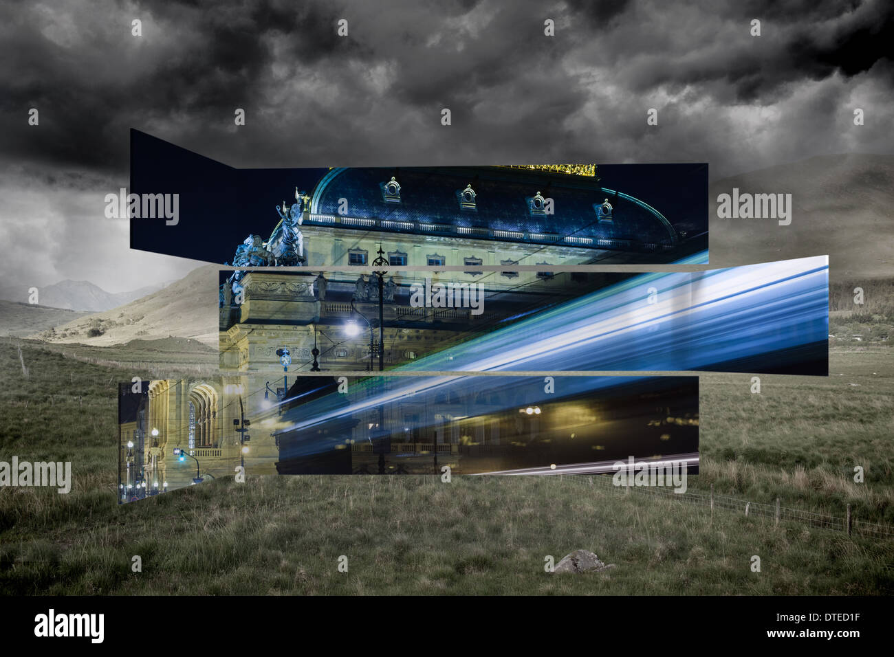 Composite image of architecture with light beam on abstract screen ...