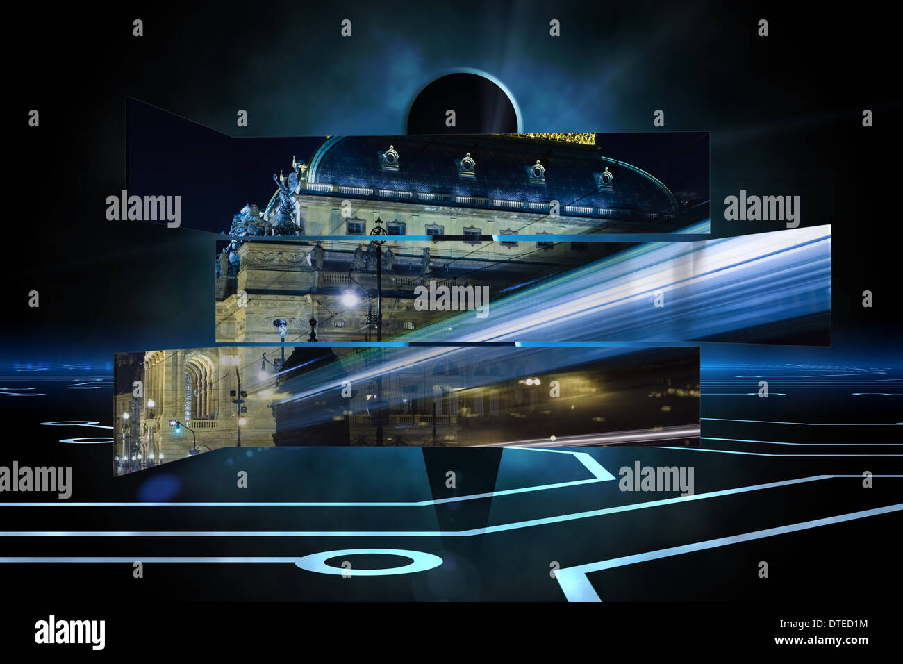 Composite image of architecture with light beam on abstract screen ...