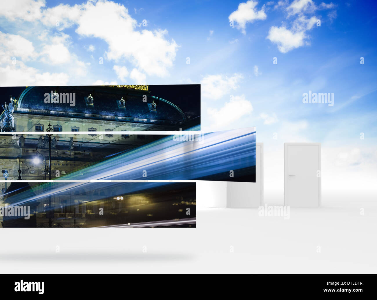 Composite image of architecture with light beam on abstract screen ...