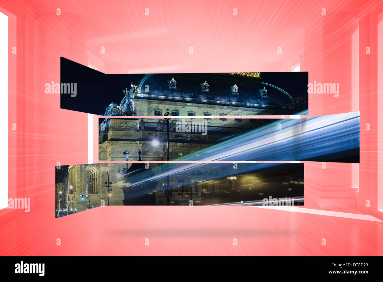 Composite image of architecture with light beam on abstract screen ...