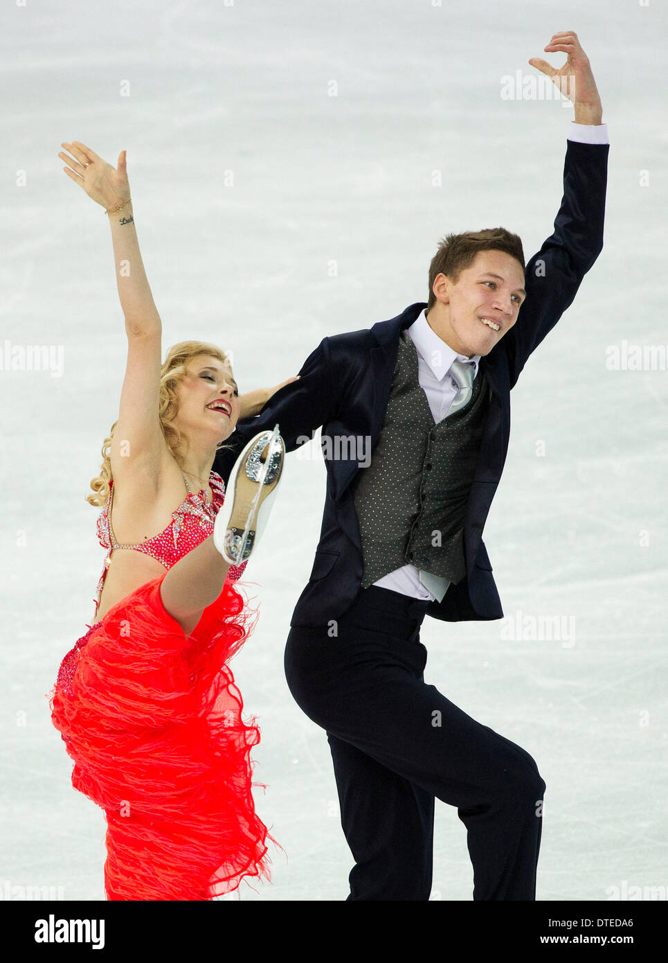 Sochi, Russia. 16th Feb, 2014. Ekaterina Bobrova and Dmitri Soloviev of Russia perform in the ...