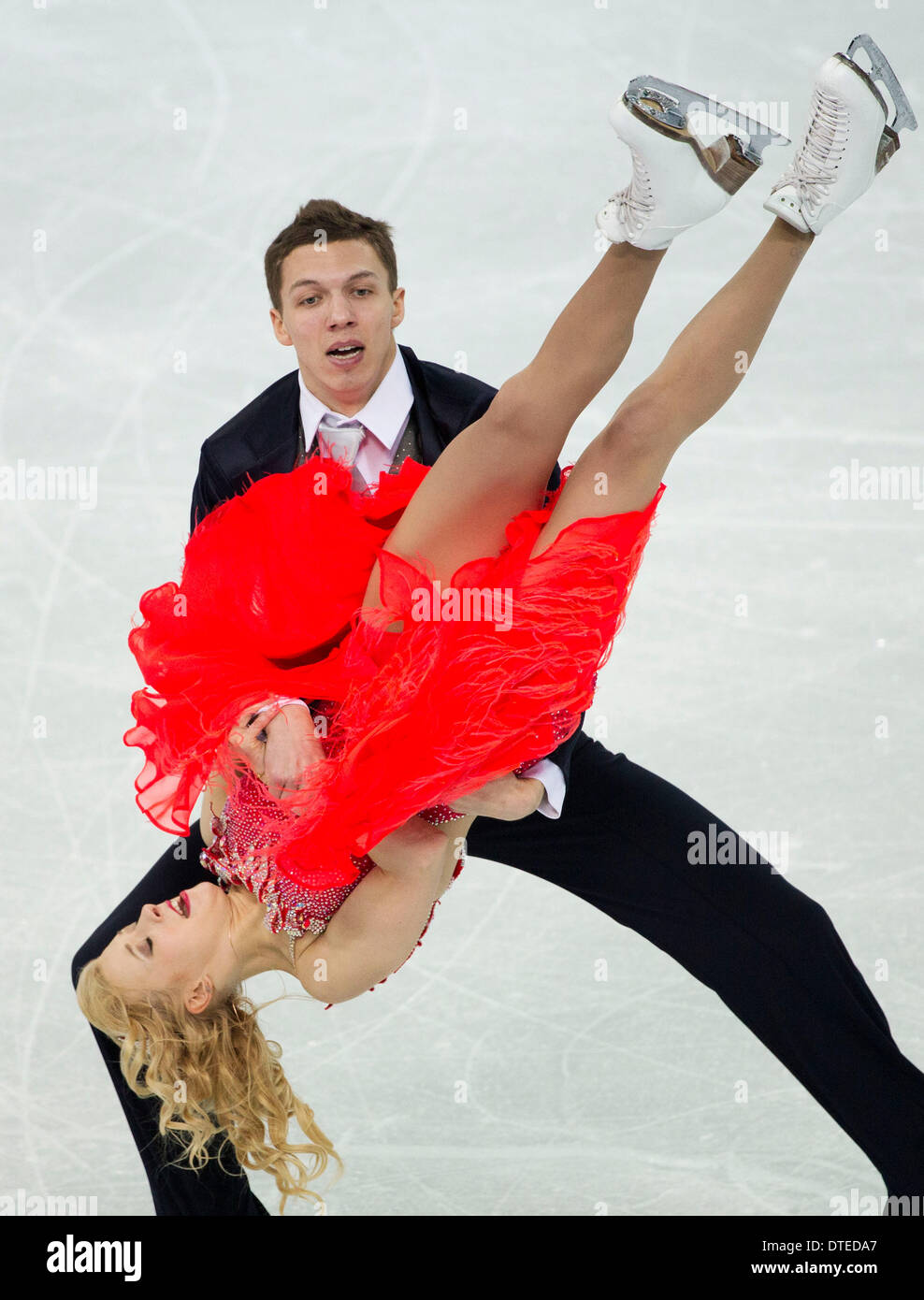 Sochi, Russia. 16th Feb, 2014. Ekaterina Bobrova and Dmitri Soloviev of Russia perform in the ...