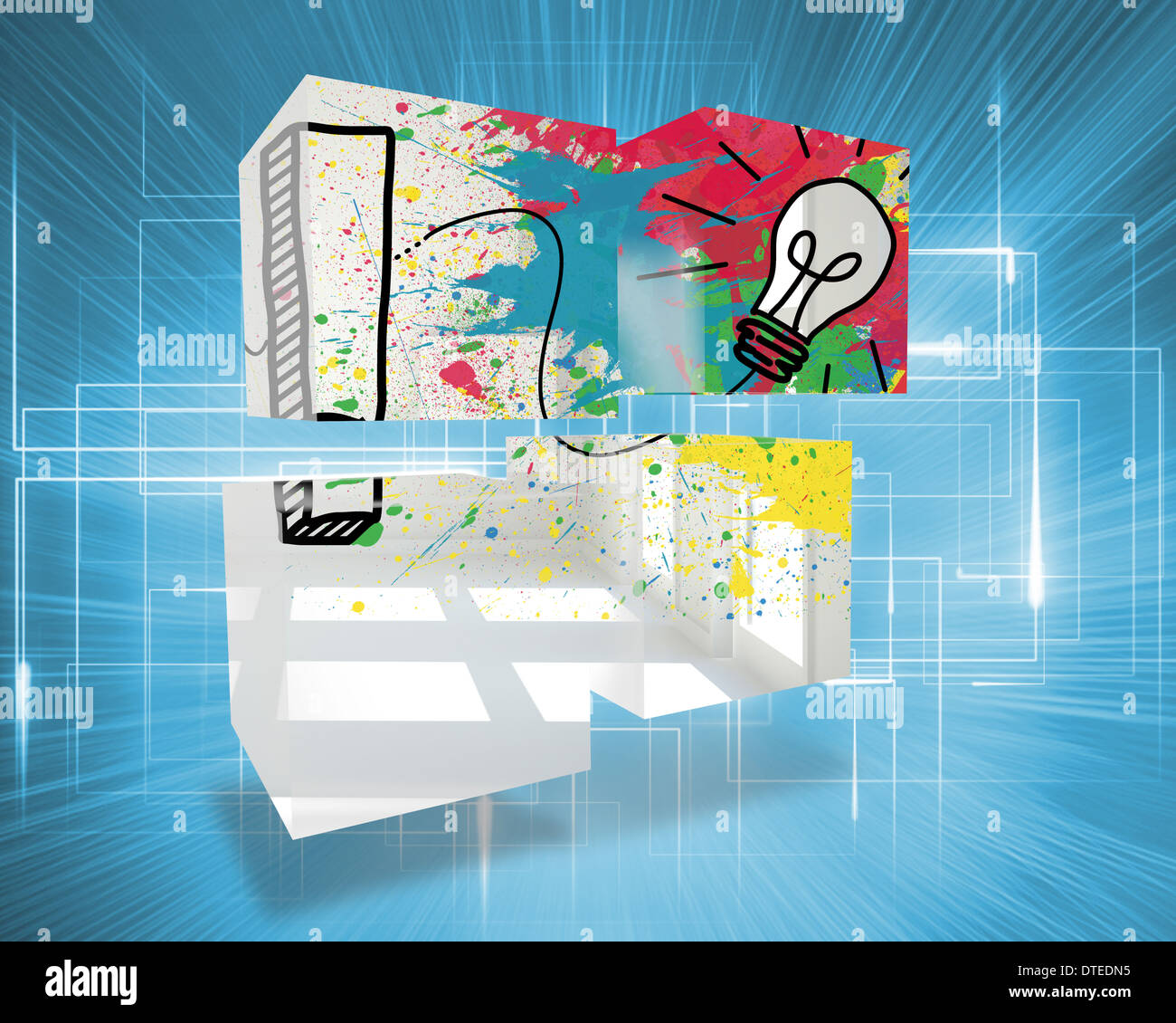 Composite image of exclamation mark and light bulb on abstract screen ...