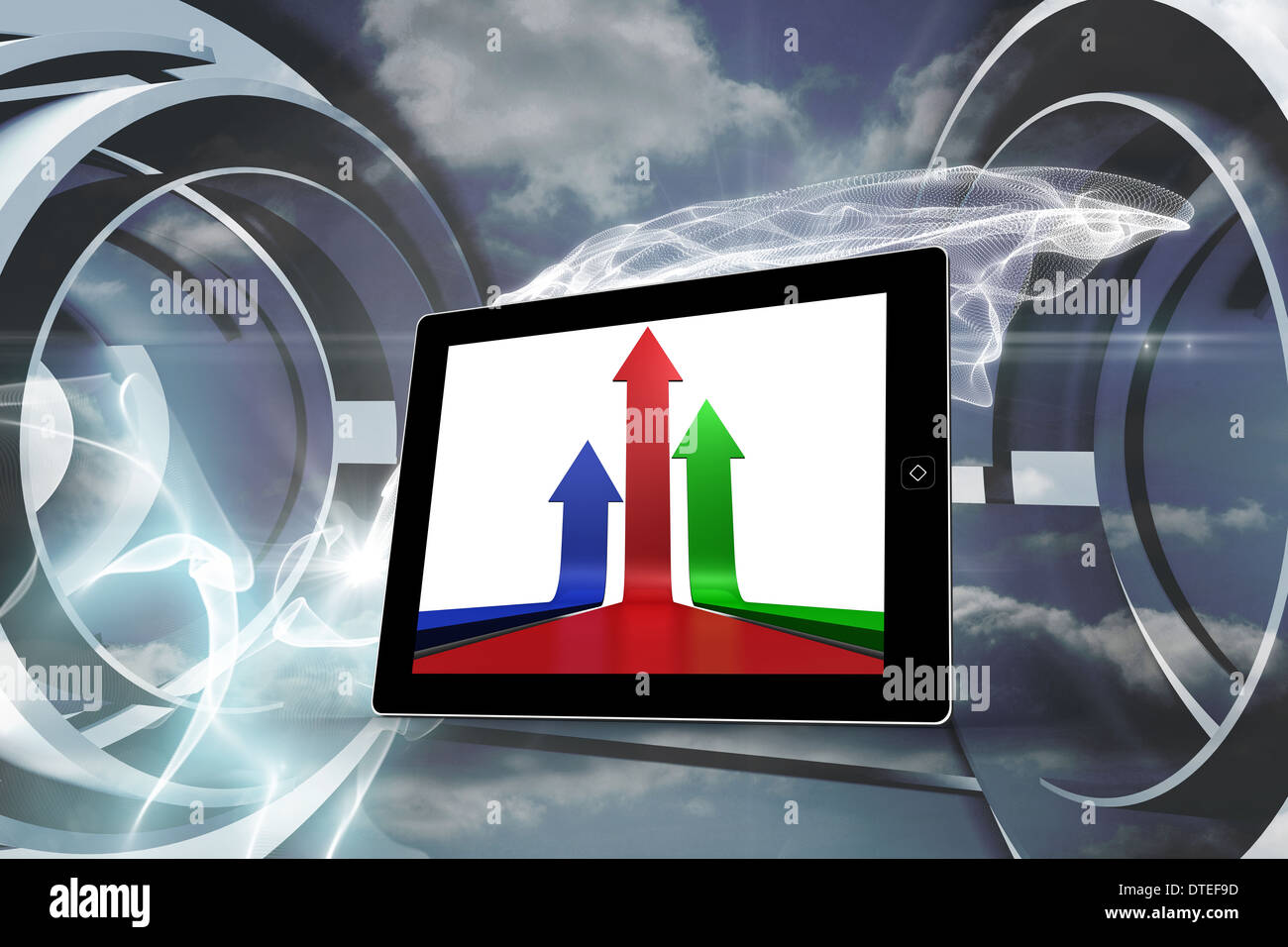 Composite image of arrows on tablet screen Stock Photo - Alamy