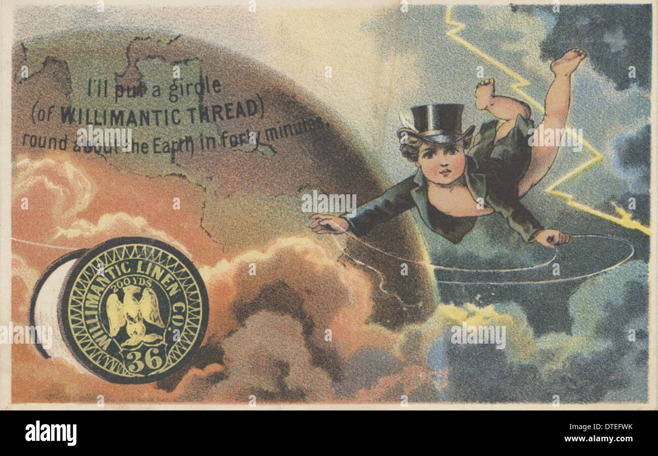 This trade card from Willimantic Linen Co. features clouds and ...