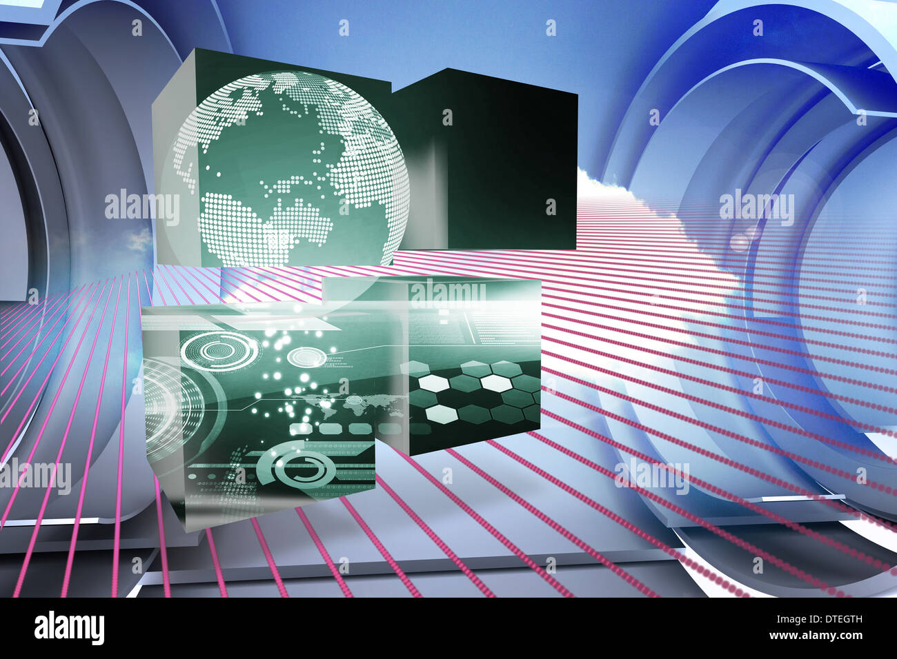 Earth interface on abstract screen against steps in a blue room Stock ...