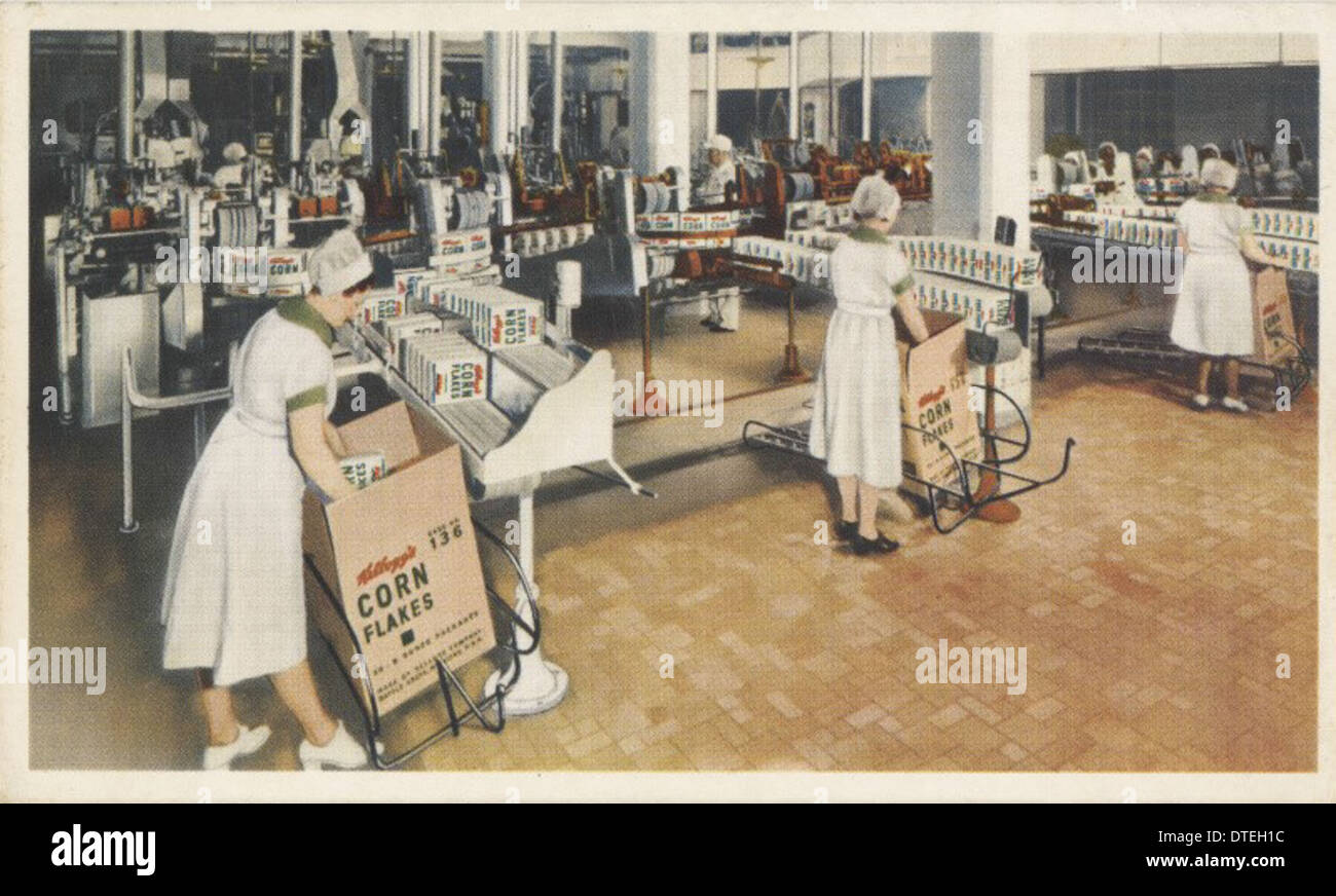 This postcard from Kellogg’s showcases assembly-line methods in the ...