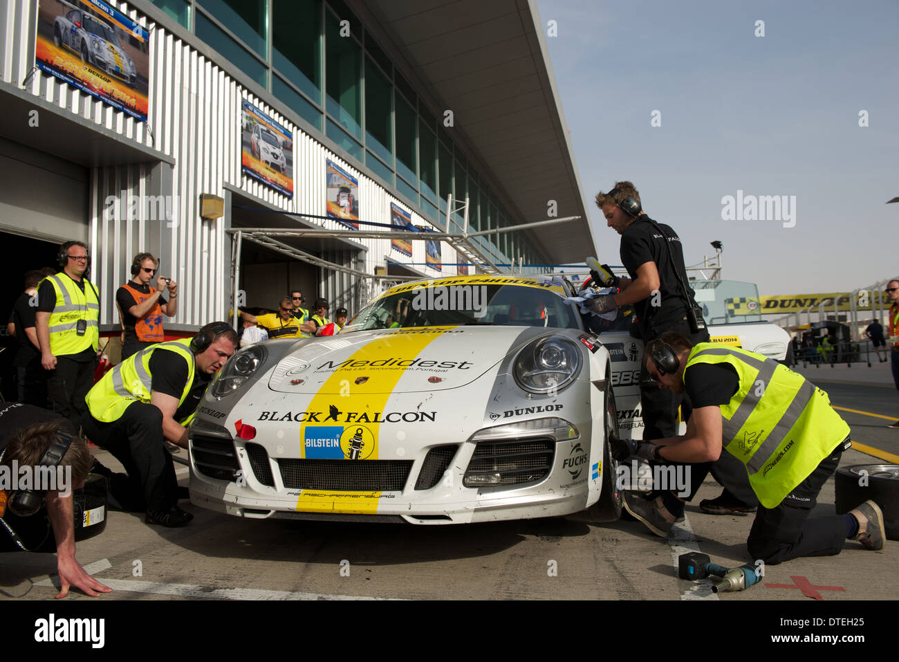 Black Falcon 3 team Porsche 997 Cup race car during an early pit stop ...