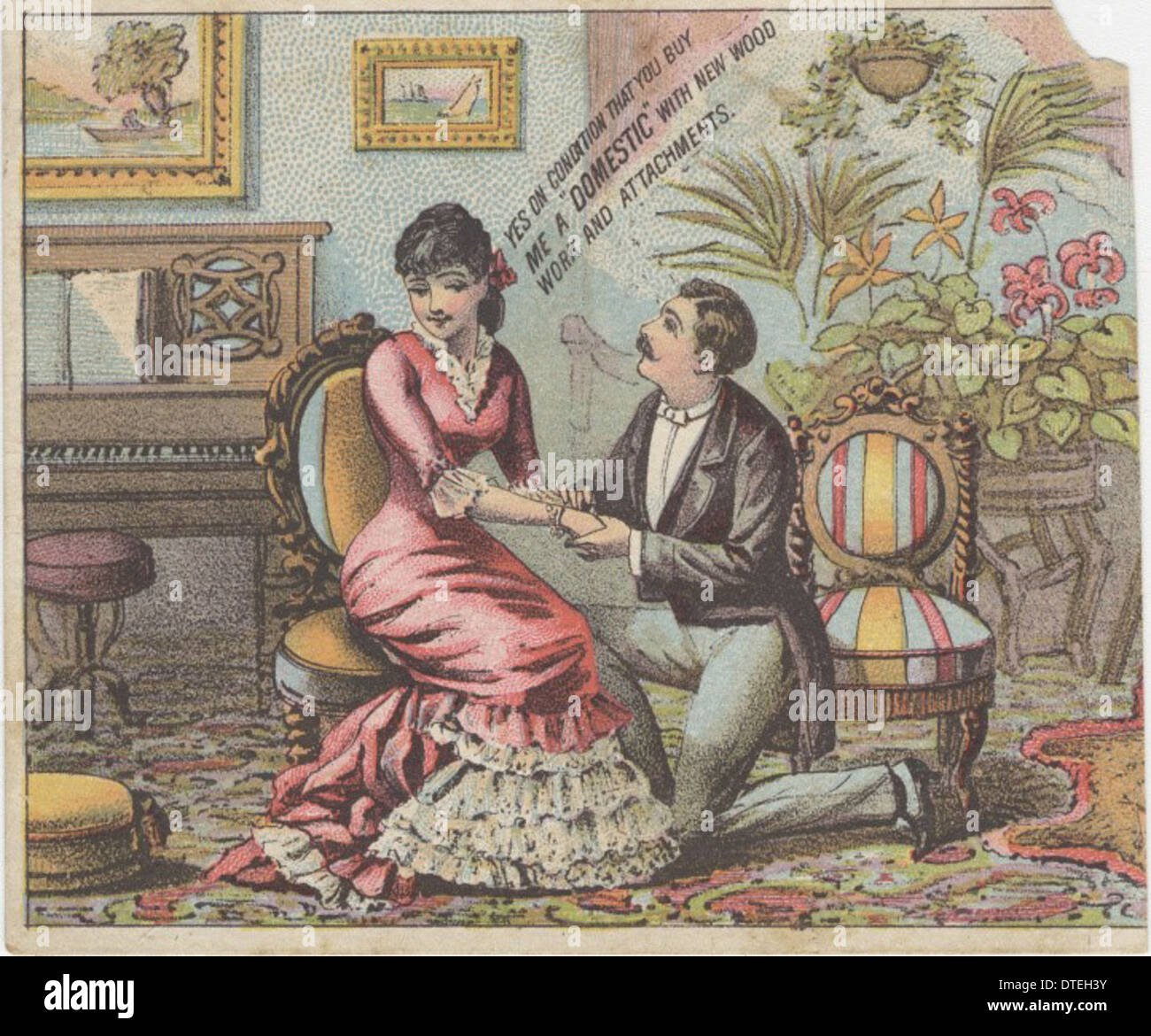 An advertisement for Domestic Sewing Machine Co. featuring humorous ...