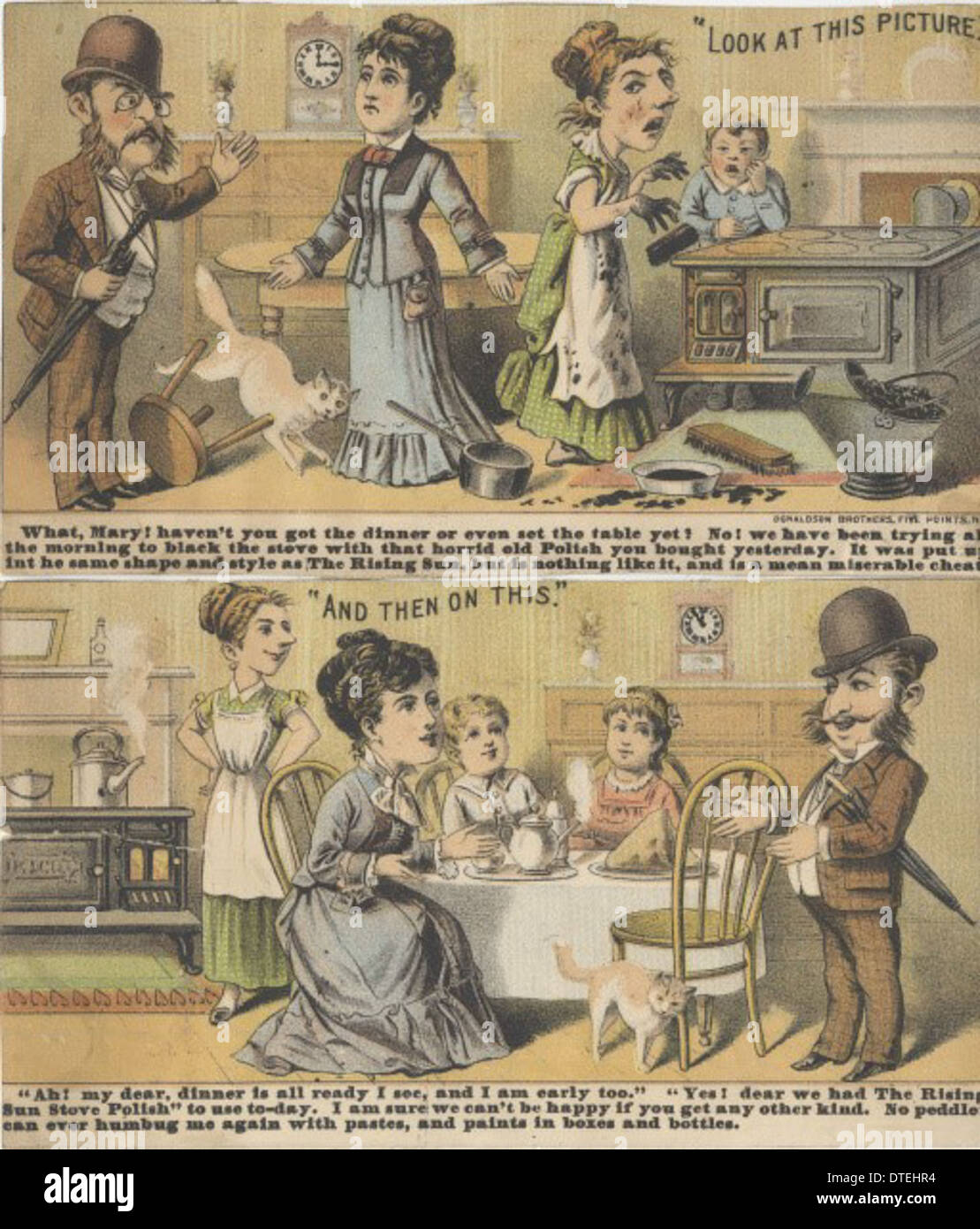 This trade card by Morse Bros. features cartoons with commentary on ...