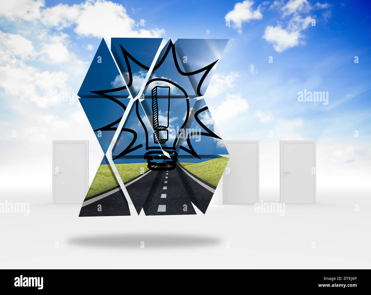 Exclamation mark in light bulb on abstract screen against tiny figures ...