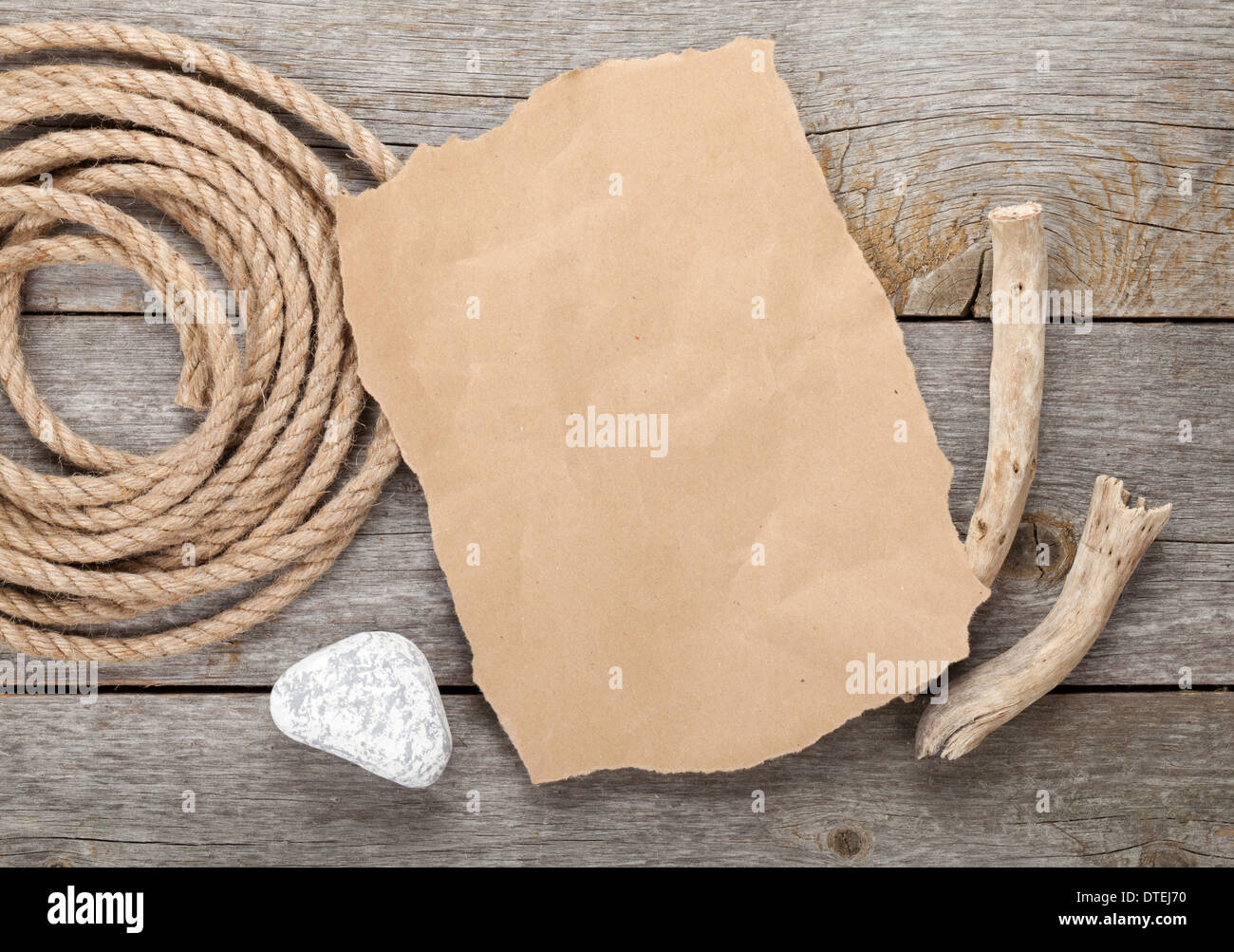 Old paper for copy space and rope on wooden textured background Stock ...