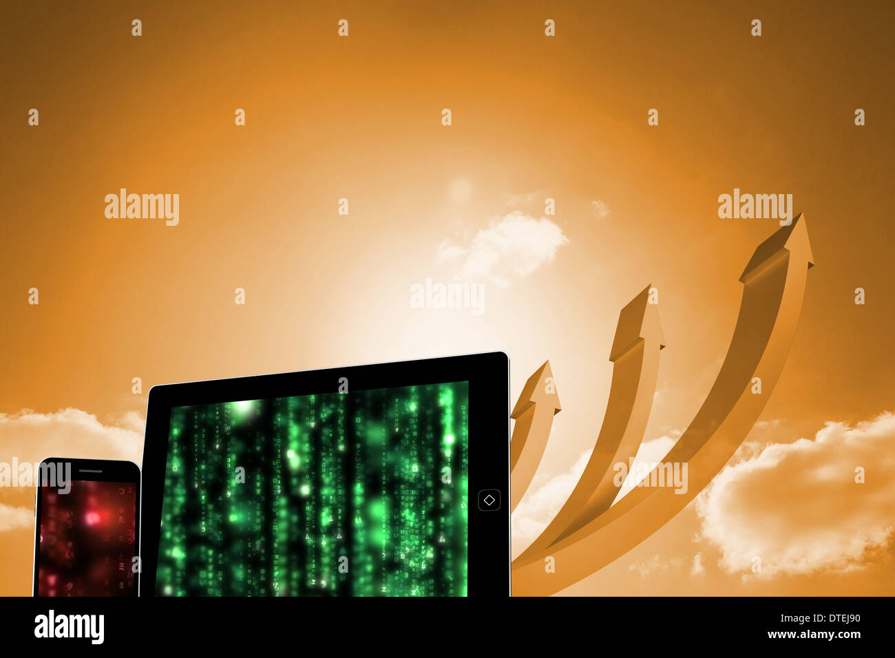 Matrix on tablet and smartphone screens against abstract linear design ...