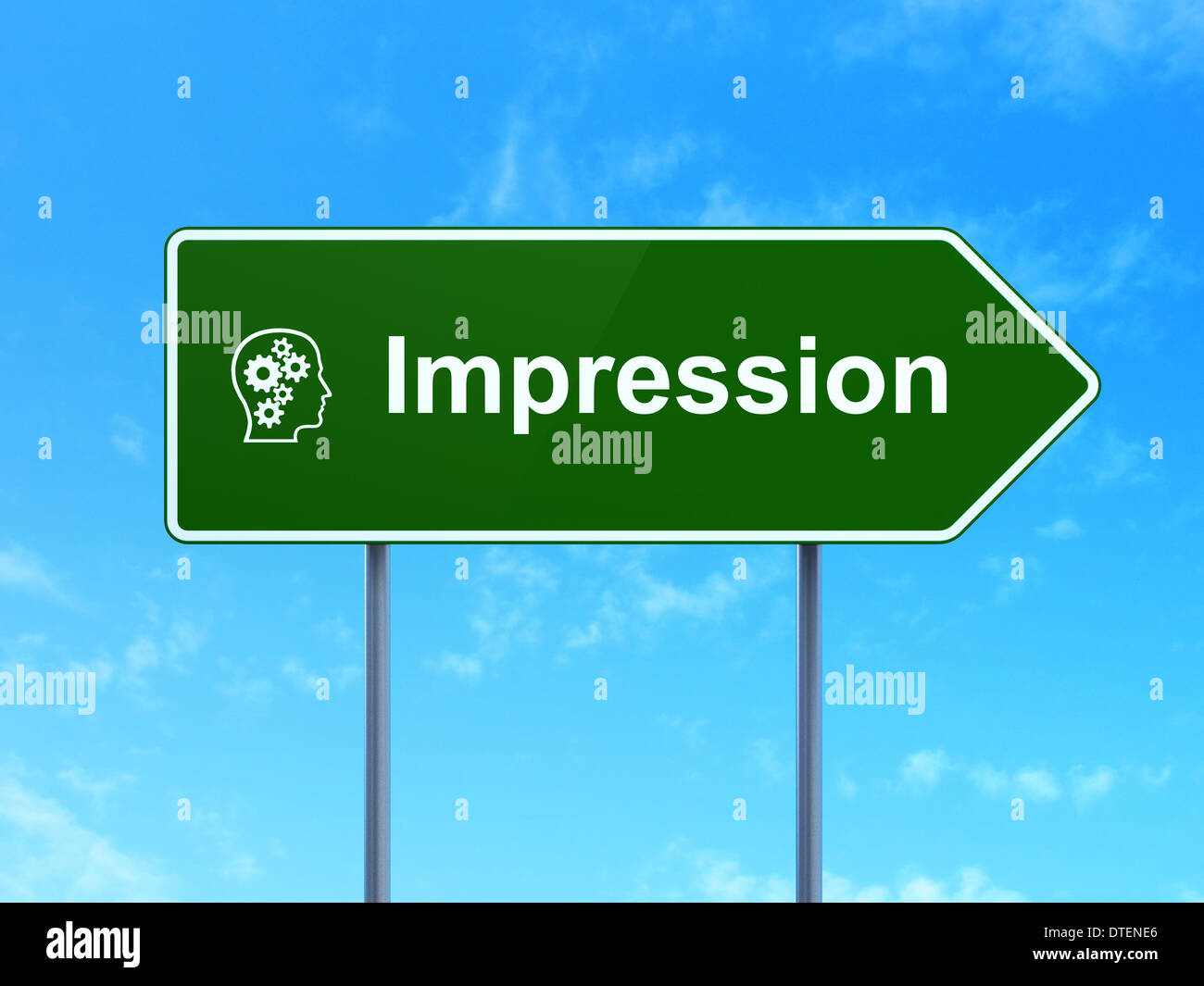 Marketing concept: Impression and Head With Gears on road sign Stock ...