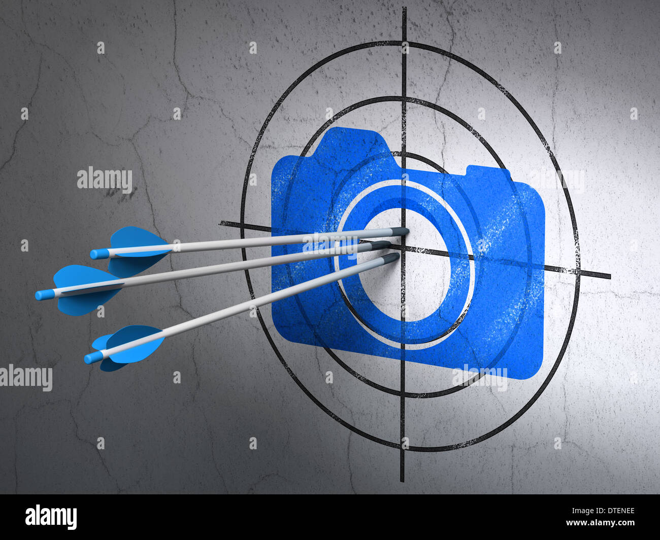 Travel concept: arrows in Photo Camera target on wall background Stock ...